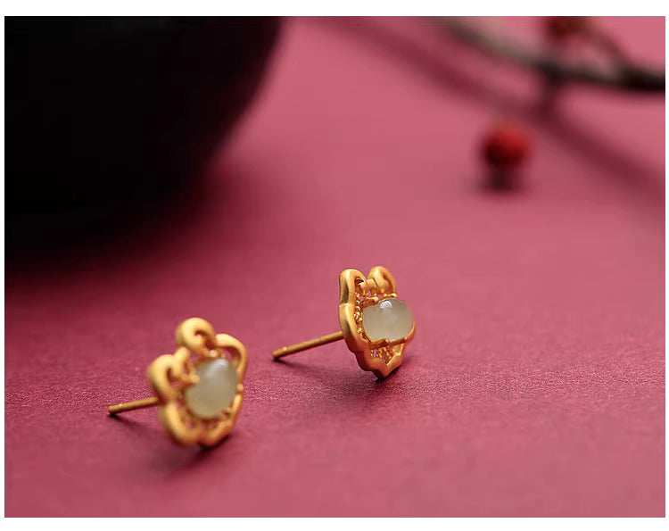 925 Silver Hetian Jade Ruyi Long-Life Lock Stud Earrings – Vintage Jad ...