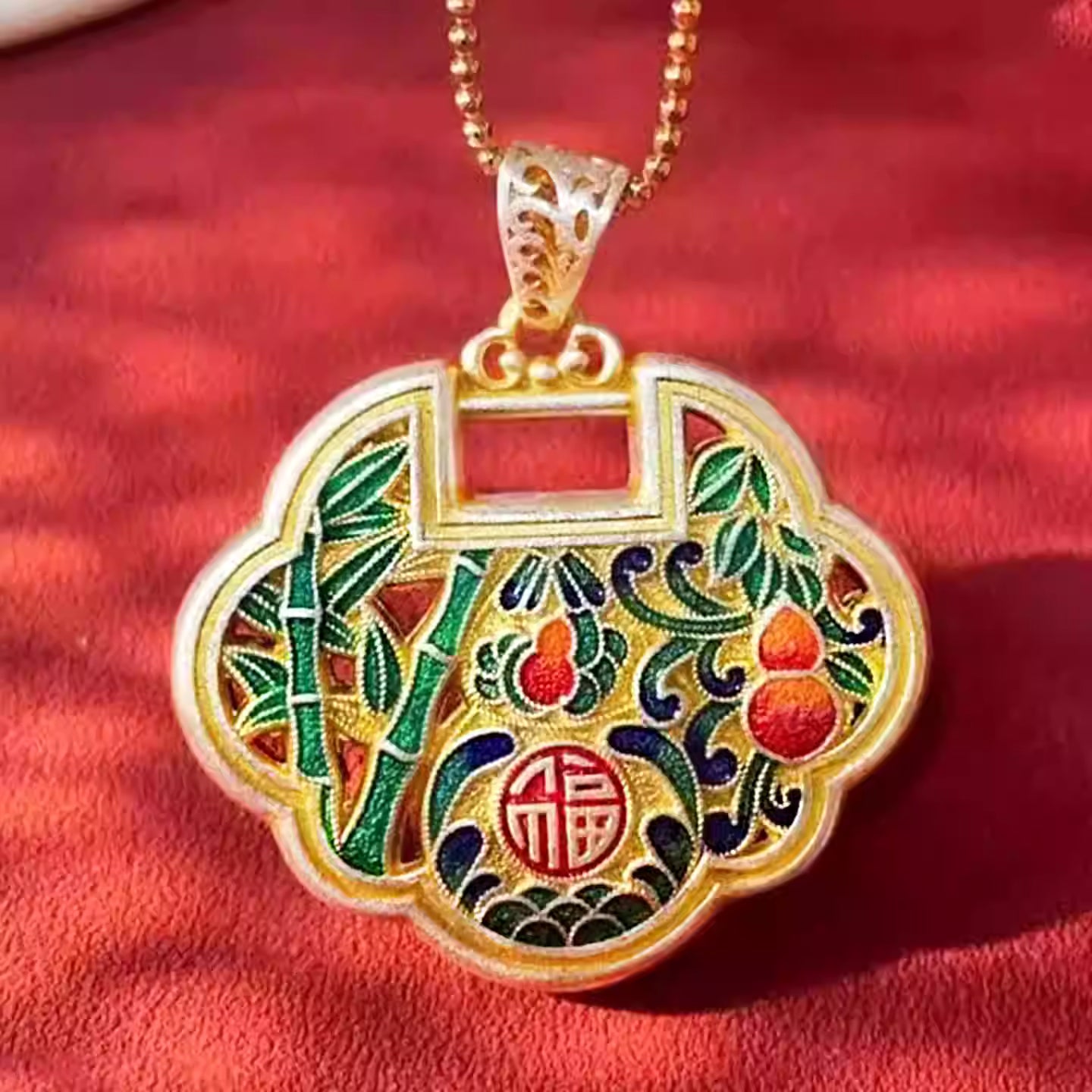 "Hulu Bamboo Peace" 999 Silver Gourd Pendant – Gold-Accented Cloisonné ...