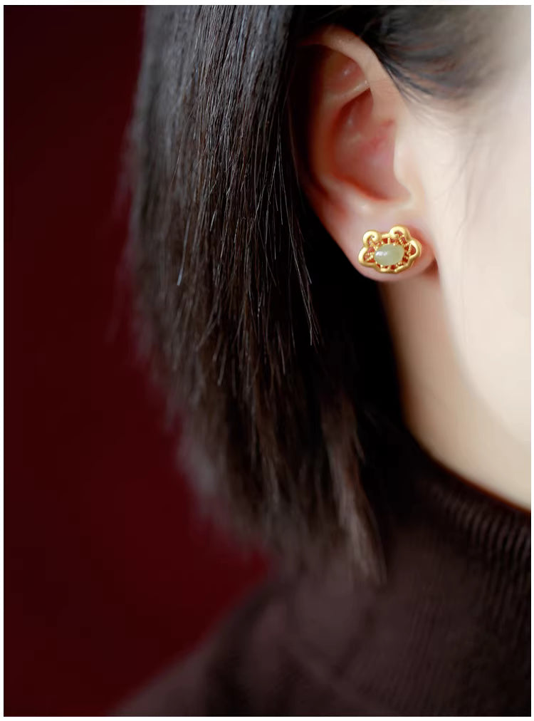 925 Silver Hetian Jade Ruyi Long-Life Lock Stud Earrings – Vintage Jad ...