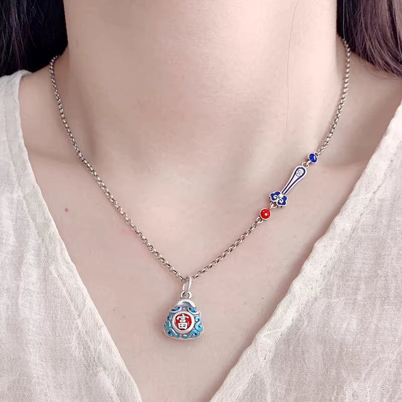 Lucky Wealth Bag Pendant Necklace with Ruyi Chain – Enamel Blue Burnin ...