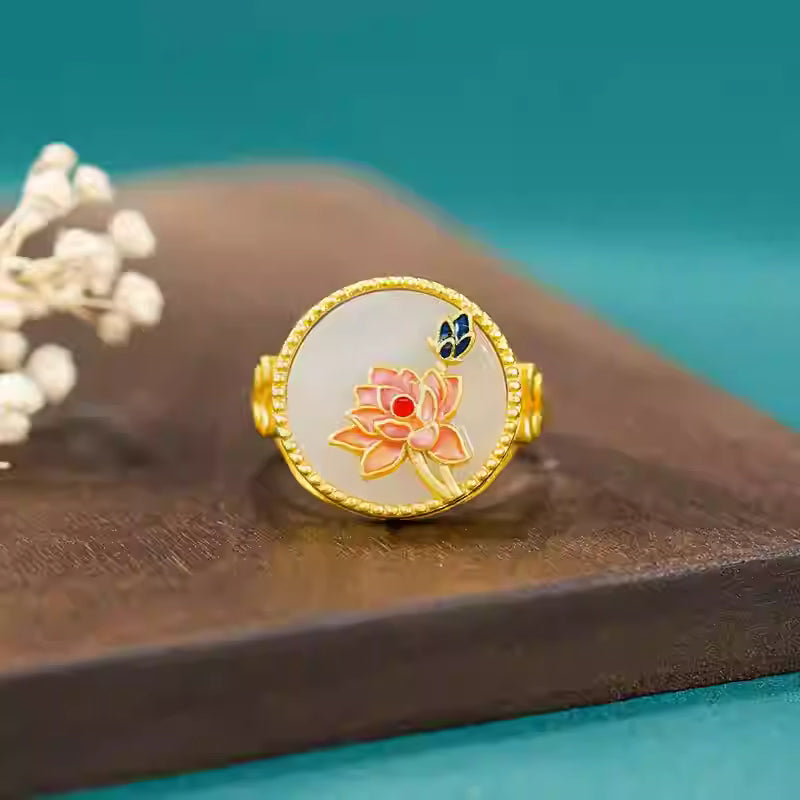 Retro Chinese Style Hetian Jade Enamel Lotus Open Ring for Women ...