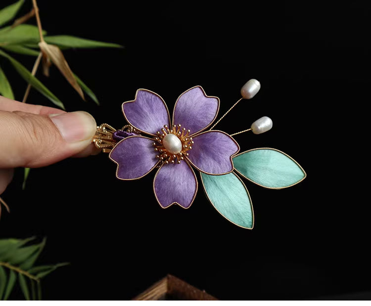Handcrafted Blue & Purple Velvet Flower Side Hairpin | Chinese Hanfu ...