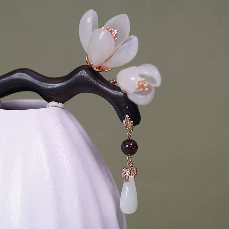 Ancient Chinese Style Xiuyu Magnolia Hairpin – Ebony Wood with Garnet ...