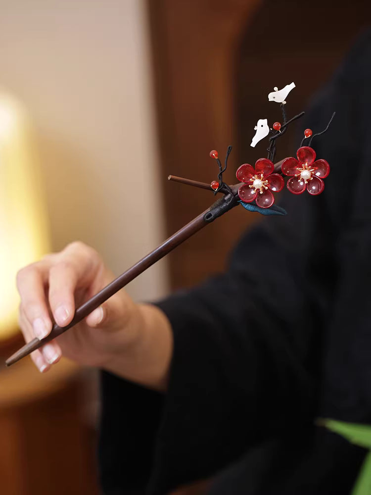 Chinese Magpie Plum Blossom Hairpin with Red Glaze – Sandalwood Weddin ...