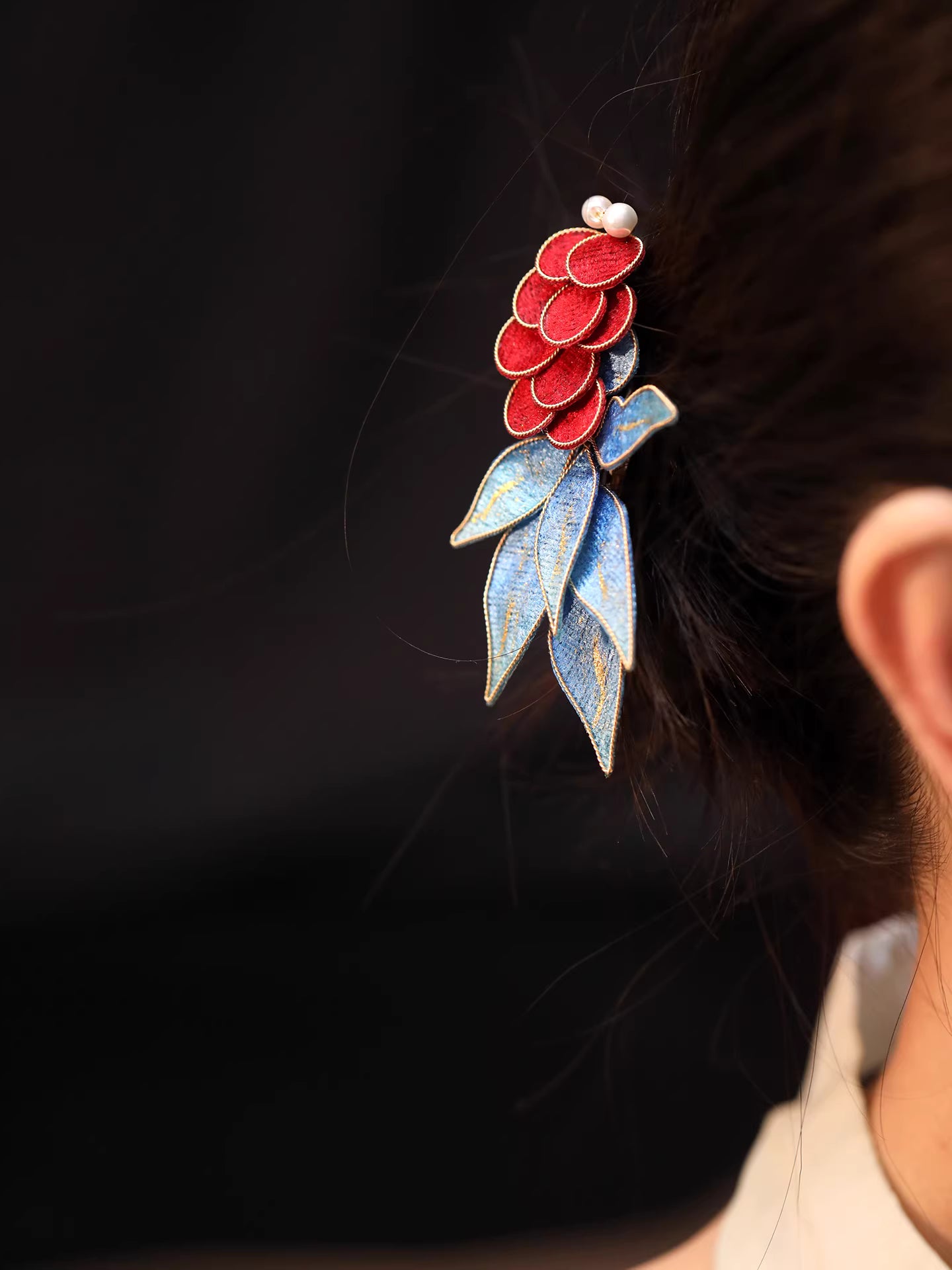 Handmade Chinese Filigree Red Koi Hair Clip with Blue Tail and Pearl E ...