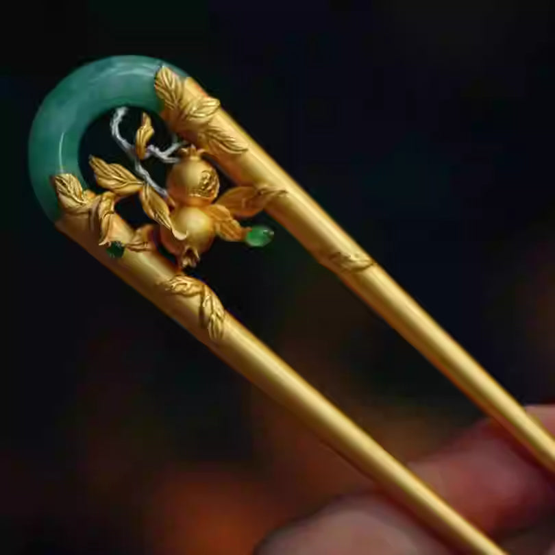 New Chinese Style Gold-Plated S925 Silver Pomegranate Jade U-Shaped Ha ...