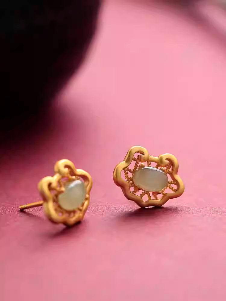 925 Silver Hetian Jade Ruyi Long-Life Lock Stud Earrings – Vintage Jad ...