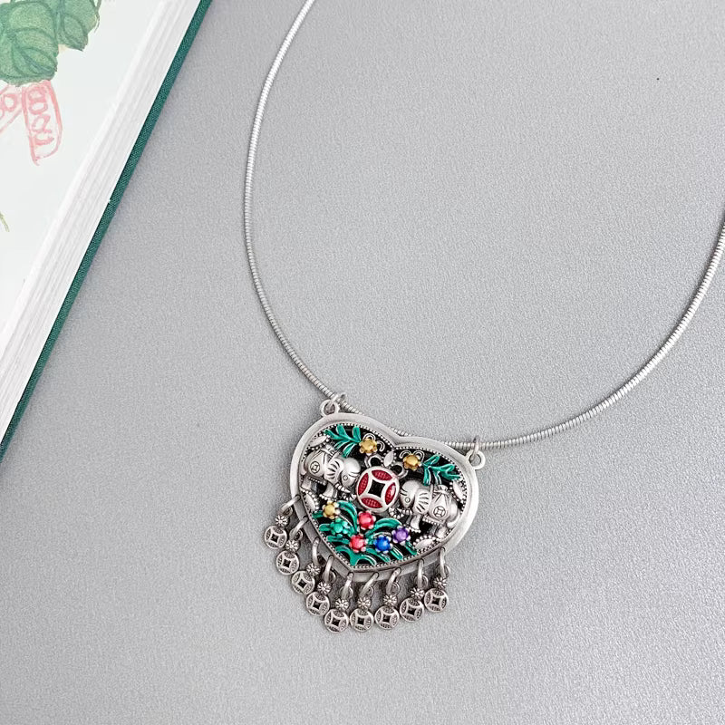 Ethnic Vintage Heart Necklace with Cloisonné Enamel Coin Pendant – 999 ...
