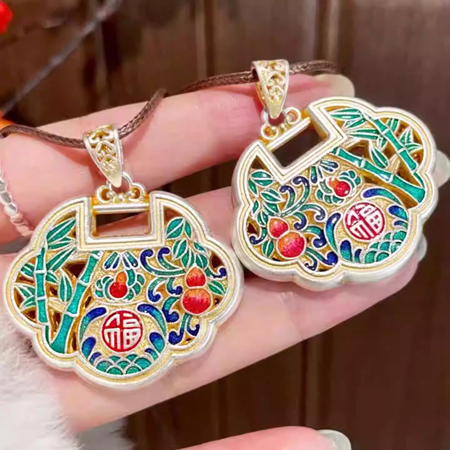 "Hulu Bamboo Peace" 999 Silver Gourd Pendant – Gold-Accented Cloisonné ...