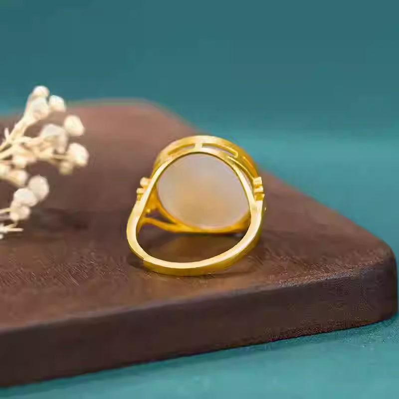 Retro Chinese Style Hetian Jade Enamel Lotus Open Ring for Women ...
