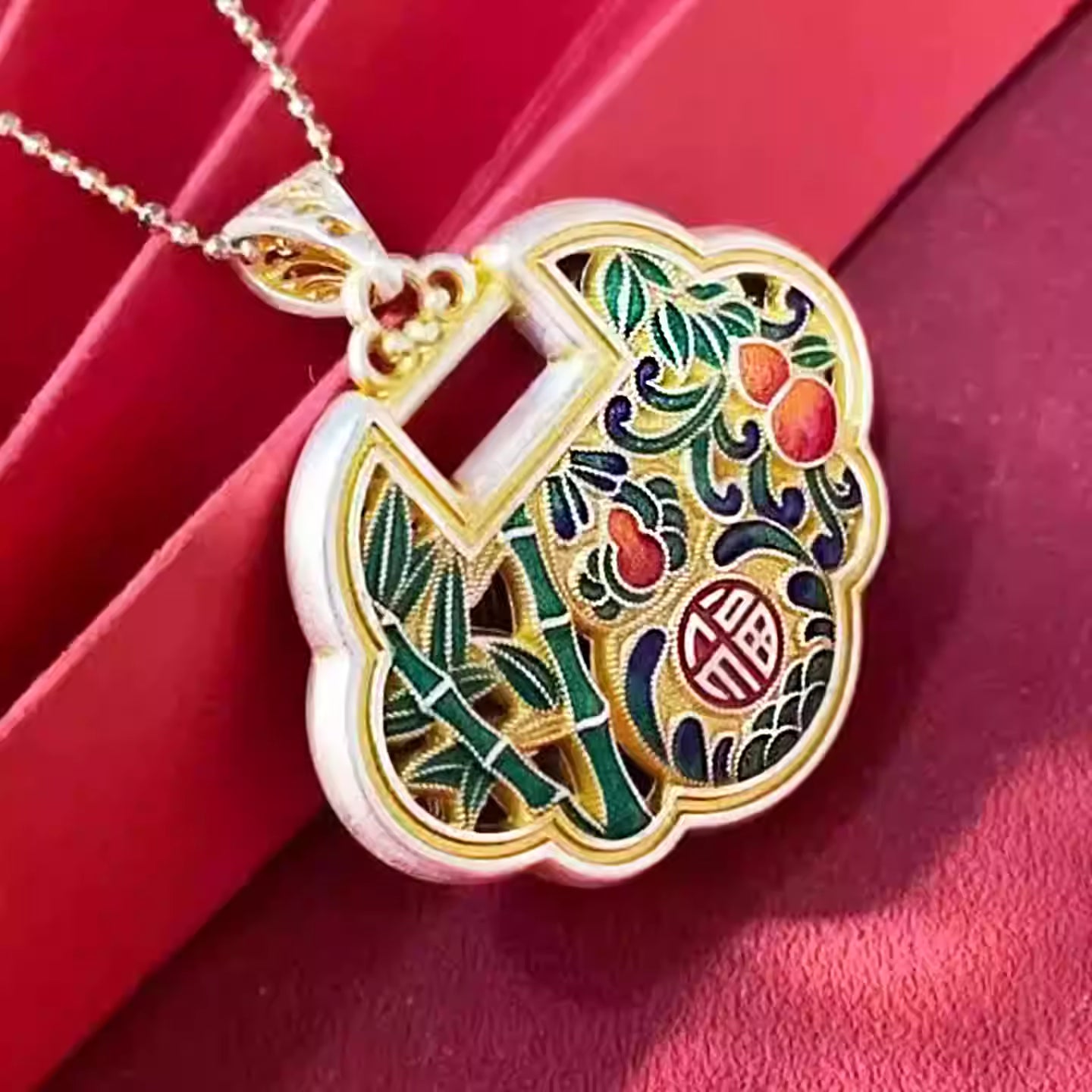 "Hulu Bamboo Peace" 999 Silver Gourd Pendant – Gold-Accented Cloisonné ...