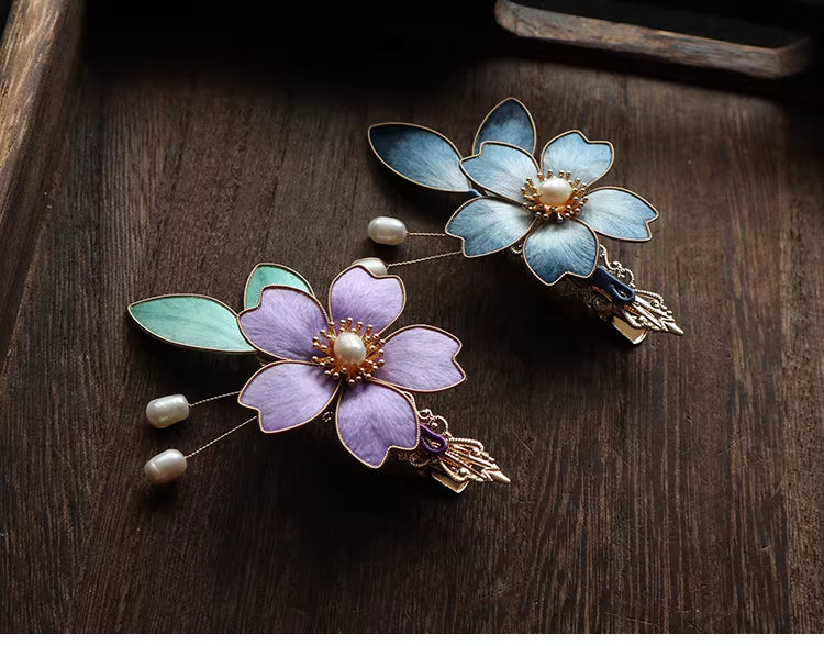 Handcrafted Blue & Purple Velvet Flower Side Hairpin | Chinese Hanfu ...