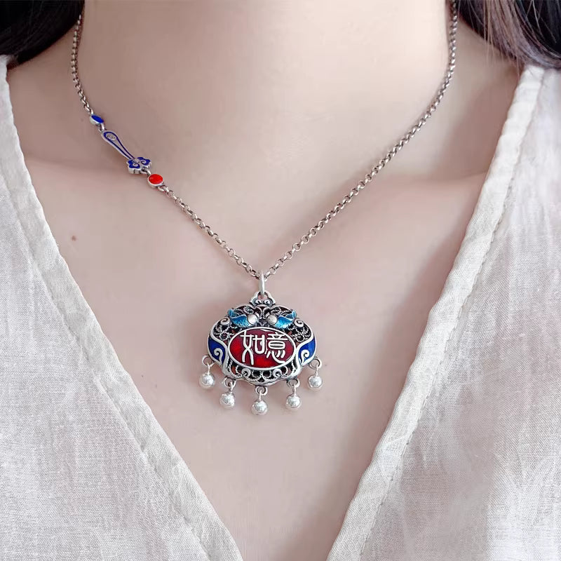 Double Fish Ruyi Peace Lock Pendant Necklace with Tassel – Enamel Feng ...