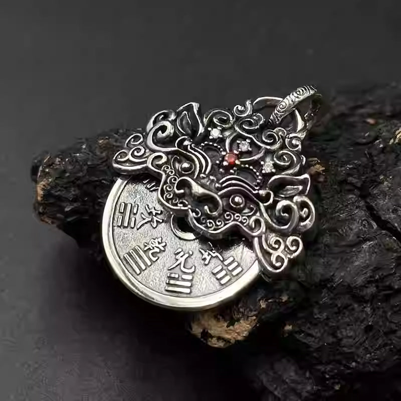 S925 Silver Pi Xiu Pendant Necklace – Rotating Coin & Bagua Feng Shui ...