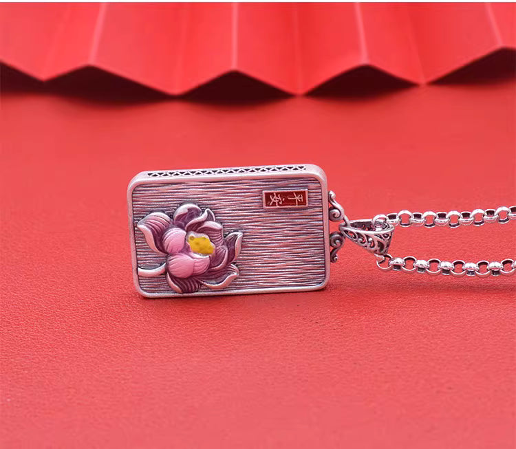 Pink Lotus Cloisonné Peace Pendant Necklace – 999 Sterling Silver Long ...