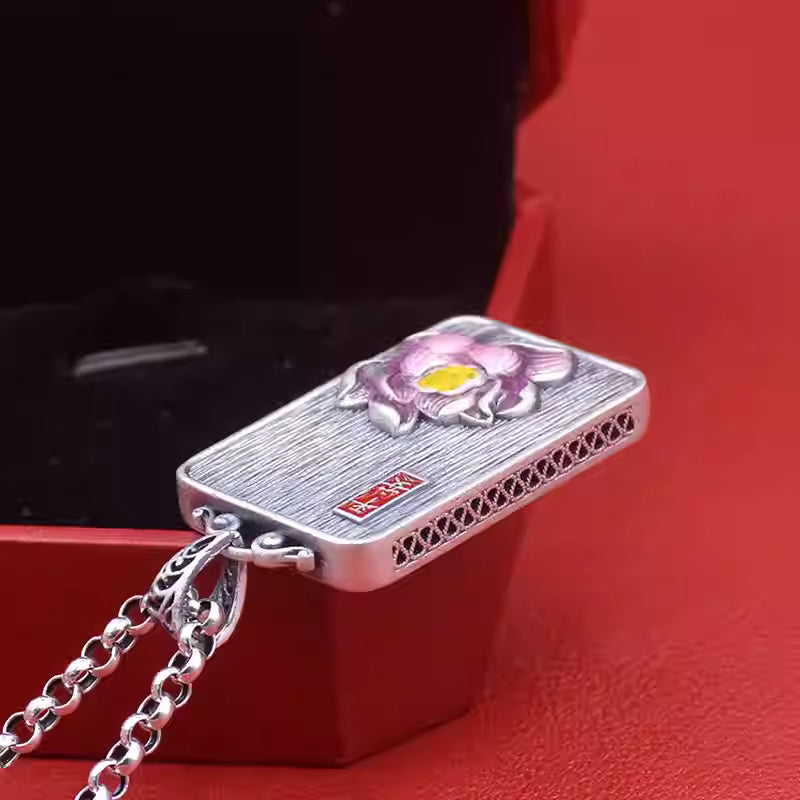 Pink Lotus Cloisonné Peace Pendant Necklace – 999 Sterling Silver Long ...