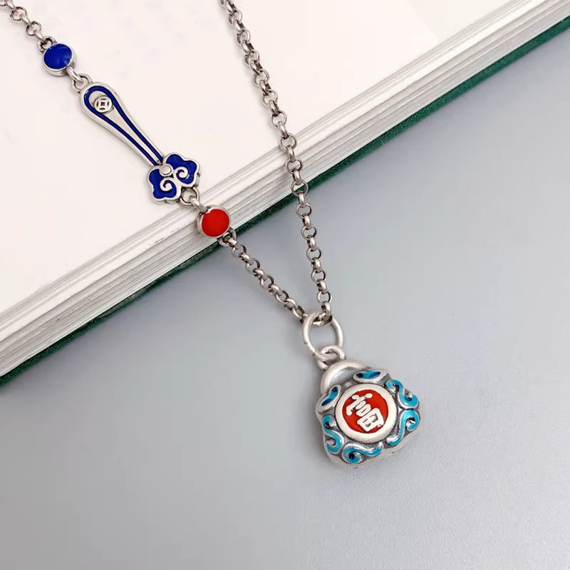 Lucky Wealth Bag Pendant Necklace with Ruyi Chain – Enamel Blue Burnin ...