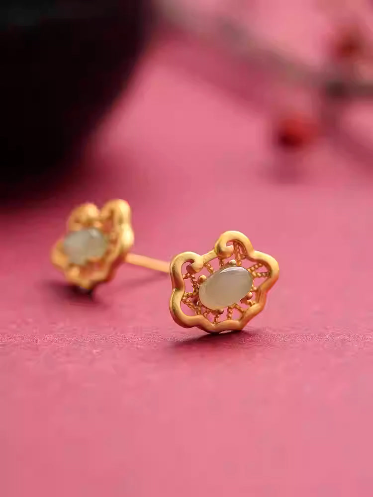 925 Silver Hetian Jade Ruyi Long-Life Lock Stud Earrings – Vintage Jad ...