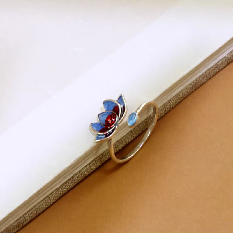 Minimalist Cloisonné Lotus Open Ring for Women – Artistic Light Luxury ...