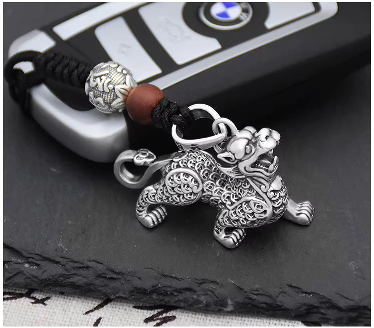 Solid Silver Pi Xiu Pendant Keychain – Feng Shui Lucky Coin with Sanda ...