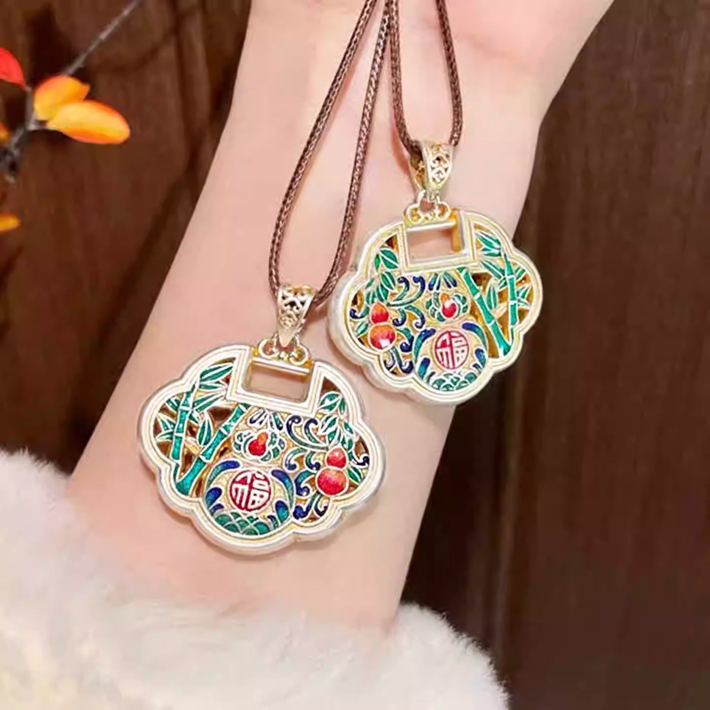 "Hulu Bamboo Peace" 999 Silver Gourd Pendant – Gold-Accented Cloisonné ...