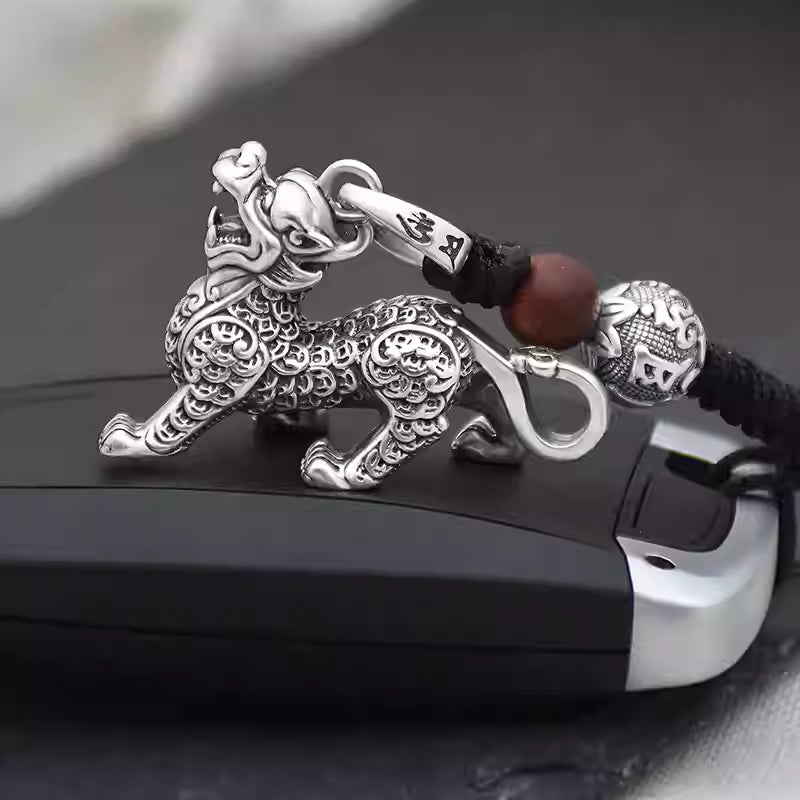 Solid Silver Pi Xiu Pendant Keychain – Feng Shui Lucky Coin with Sanda ...