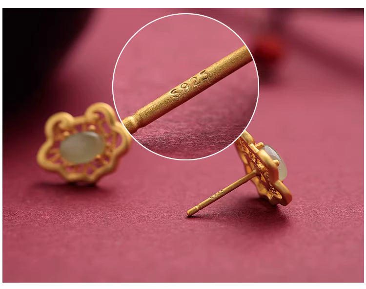 925 Silver Hetian Jade Ruyi Long-Life Lock Stud Earrings – Vintage Jad ...